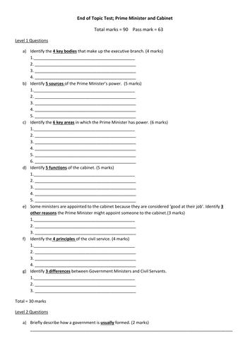 PM & Cabinet Unit - Fact Test | Teaching Resources