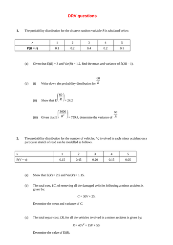 Discrete Random Variables longer Questions | Teaching Resources
