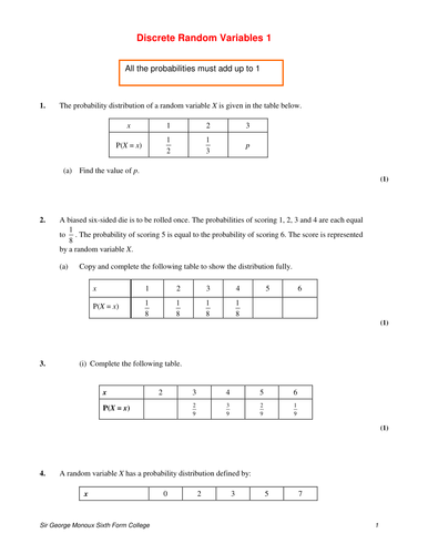 Discrete Random Variables | Teaching Resources Discrete Random Variables | Teaching Resources