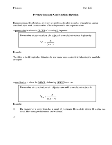 Combinations and Permutations | Teaching Resources