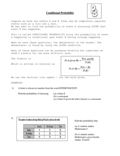 Different Types of Conditional probability | Teaching Resources