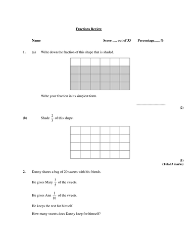 Fractions review Test | Teaching Resources