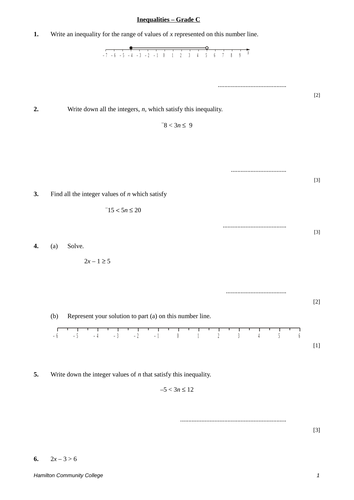 Inequalities Test Questions handout | Teaching Resources