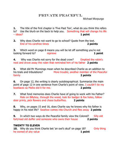 Private Peaceful by Michael Morpurgo - Reading Comprehension | Teaching ... Private Peaceful by Michael Morpurgo - Reading Comprehension | Teaching ...