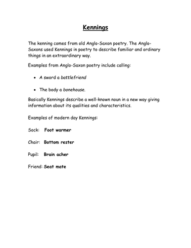 Kennings- Poetry Handout | Teaching Resources