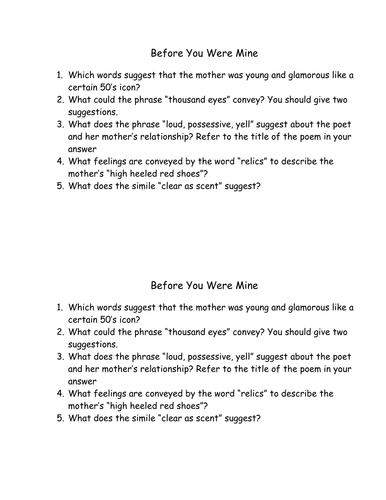 "Before you were mine" questions | Teaching Resources