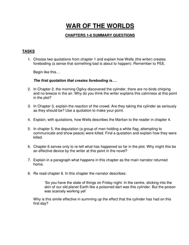 War of the Worlds: chapters 1-8 questions | Teaching Resources