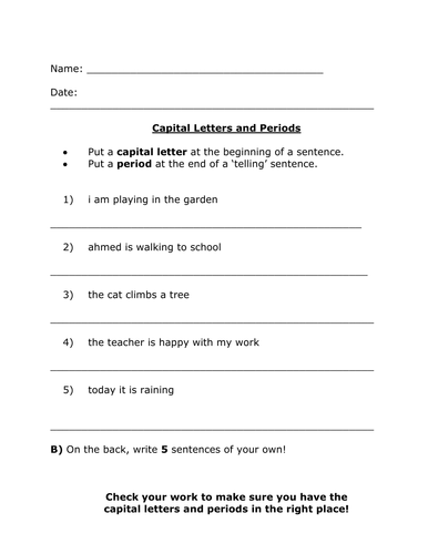 Capital Letters & Periods - handout | Teaching Resources
