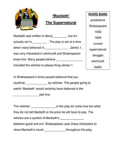 Macbeth: the supernatural - cloze activity | Teaching Resources
