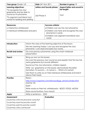 Phonics Lesson Plan - /oo/ (long sound) | Teaching Resources