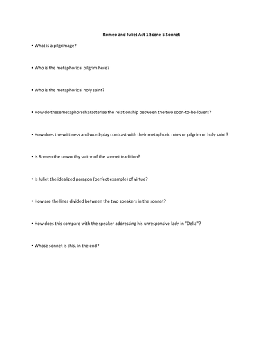 Romeo and Juliet Act 1 Scene 5 Sonnet Questions | Teaching Resources