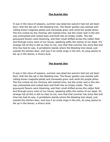 Exemplar - The Scarlet Ibis | Teaching Resources