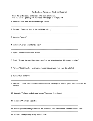 Romeo and Juliet Key Quotes; Act 1 Scene 3 | Teaching Resources
