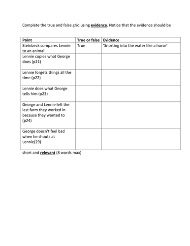 Of Mice and Men True or False Grid | Teaching Resources
