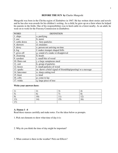 BEFORE THE SUN by Charles Mungoshi | Teaching Resources