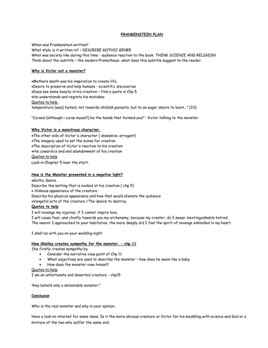 Frankenstein Essay plan | Teaching Resources