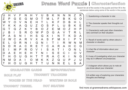 Drama Word Puzzle Activity Sheet with Questions | Teaching Resources