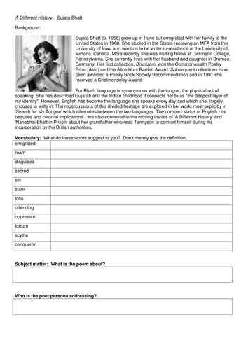 A Different History - Sujata Bhatt | Teaching Resources