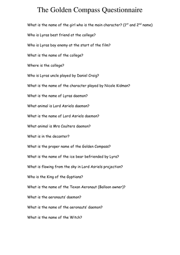 The Golden Compass Questionnaire | Teaching Resources