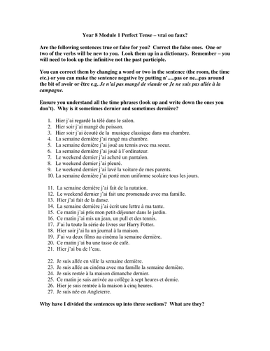 Perfect Tense - vrai ou faux | Teaching Resources Perfect Tense - vrai ou faux | Teaching Resources