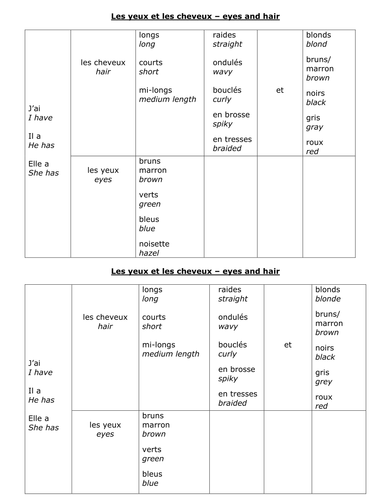 Vocab sheet - describing hair and eyes | Teaching Resources
