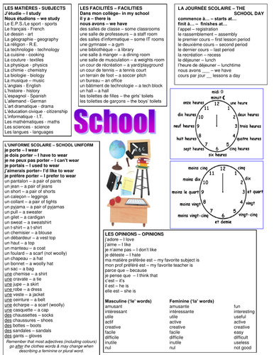 Vocab sheet for describing school life | Teaching Resources