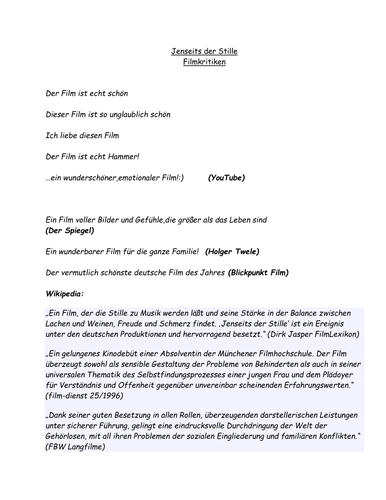 Jenseits der Stille Filmkritik | Teaching Resources