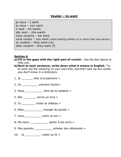 Vouloir worksheet - gapfills & translations | Teaching Resources