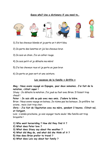 FAMILY GUY - HOLIDAY ACTIVITIES handout | Teaching Resources