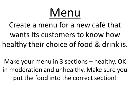 Cafe menu - focus on health topic | Teaching Resources