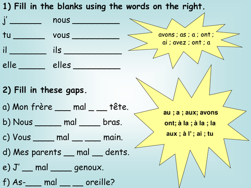 Avoir mal practice + listening task (online) | Teaching Resources