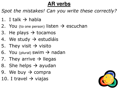 Regular AR verbs present tense - spot mistakes | Teaching Resources