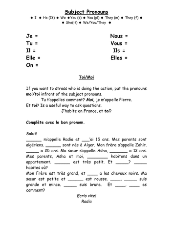 Subject pronouns; etre and avoir | Teaching Resources