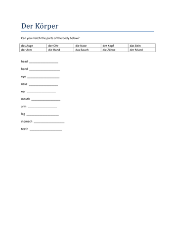 Der Koerper match up | Teaching Resources