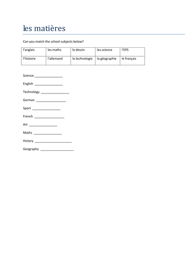 les matieres match up | Teaching Resources