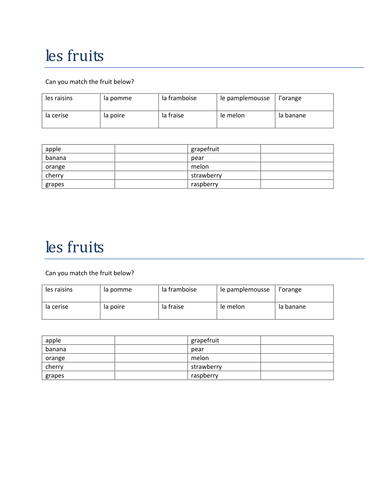 les fruits match up | Teaching Resources