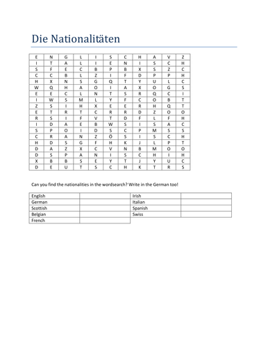 Die Nationalitaeten wordsearch | Teaching Resources