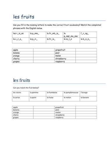 les fruits missing letters | Teaching Resources