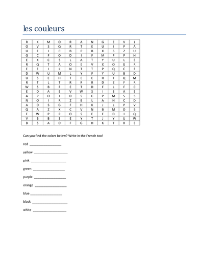 les couleurs wordsearch | Teaching Resources