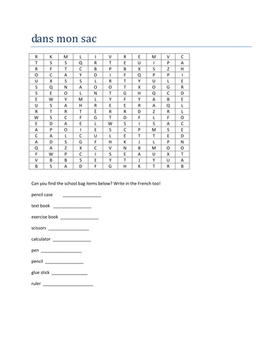 dans mon sac wordsearch | Teaching Resources