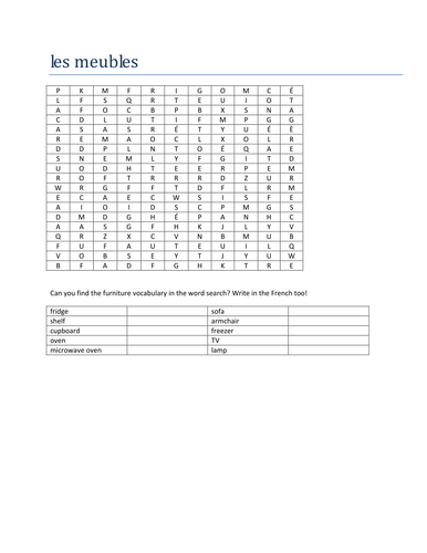 les meubles wordsearch | Teaching Resources