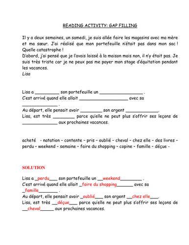 READING: GAP FILLING ACTIVITY | Teaching Resources