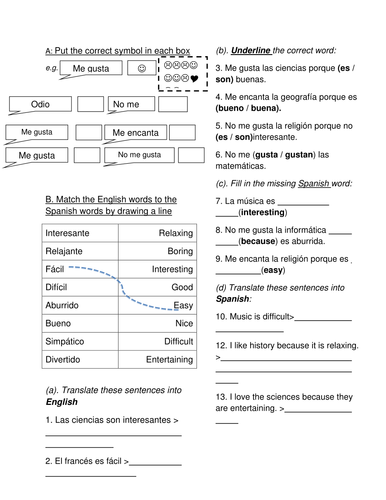 Spanish subject opinions handout | Teaching Resources Spanish subject opinions handout | Teaching Resources