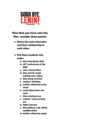 Goodbye Lenin worksheet | Teaching Resources