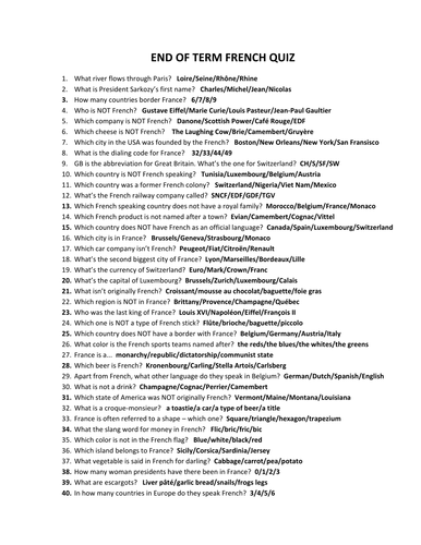 French end of term quiz | Teaching Resources