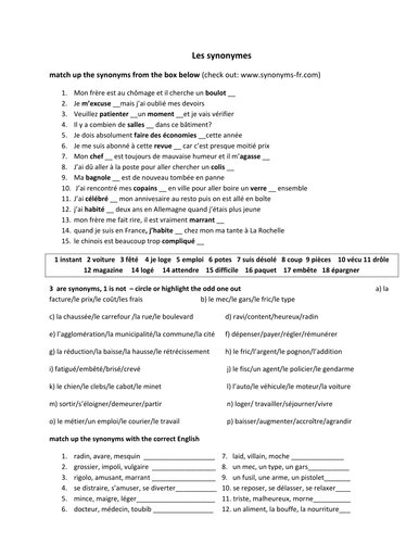 les synonymes en français | Teaching Resources