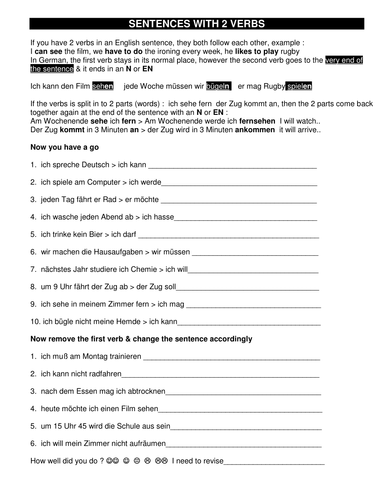 German sentences with two verbs | Teaching Resources