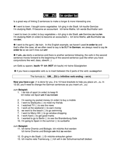 German sentences with um...zu | Teaching Resources