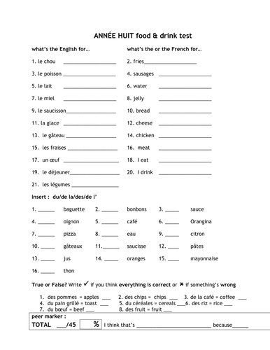 Food & Drink Test in French | Teaching Resources