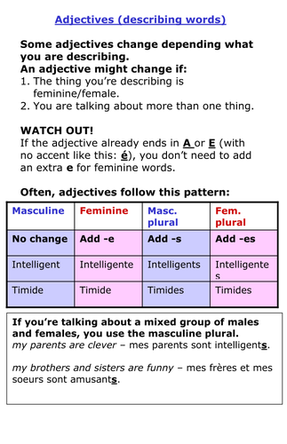 Adjective endings handout | Teaching Resources